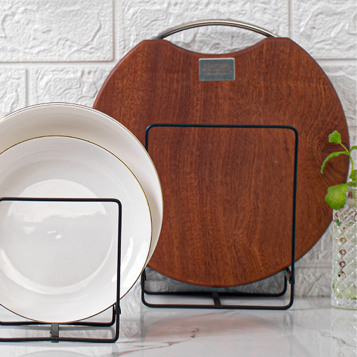 Klyuqoz Plate Organizer for Cabinet, 2Pack Metal Plate Holders,Plate Racks for Kitchen Cabinets, For Pantry, Shelves, Frying Pans, Lids, Cutting Boards, Vertical Or Horizontal Placement (Black)