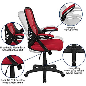 Flash Furniture Porter High Back Mesh Ergonomic Swivel Office Chair with Lumbar Support, Flip-Up Arms, Tilt Lock/Tilt Tension, Height Adjustable, Red/Black Frame