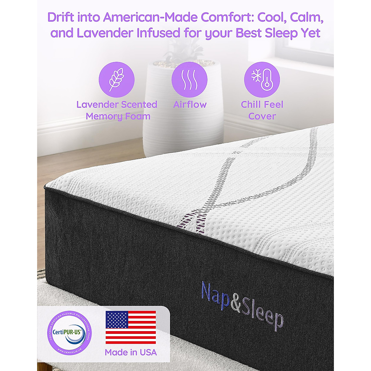 NAP&SLEEP Memory Foam Mattress - Lavender Infused with Cold Touch Cover, Medium Firm to Plush Feel, Helps with Sleep - Sizes Full, Queen, King, 10", 12", 14" (12" Medium, King (U.S. Standard))