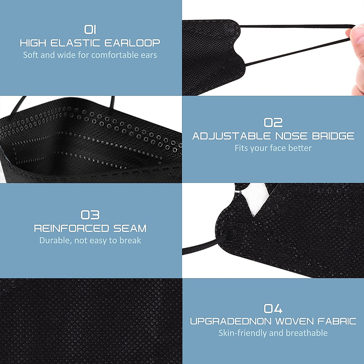 SOOQOO KF94 Face Mask, 50 Pcs, Elastic Ear Loop and Nose Clip, 3D Fish Type Mouth Shield, 4 Layer Protection, Individually Wrapped Disposable Mask for Adult, Black