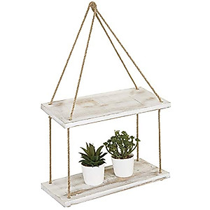 MyGift Shabby Chic Whitewashed Wood 2 Tier Floating Shelves Bathroom Shelf with Hanging Rope, Decorative Swing Display Shelf for Kitchen, Bedroom and Living Room