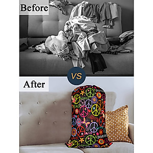 Swono Hippie Peace Symbol XL Laundry Bags, Drawstring Closure Dirty Clothes Bag Organizer, Heavy Duty Laundry Bag, Mushrooms Paisley Flowers Bags for Camp Travel, Machine Washable 28"x40", Colorful