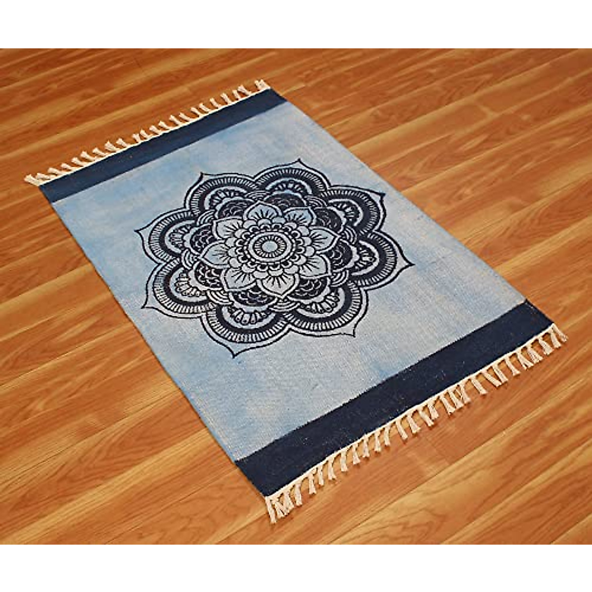 Casavani Indian Handmade Cotton Dhurrie Floral Blue & Black Area Rug Boho Kilim Flat Weave Rug Indoor Hall Room Decor Carpet Throw Rugs for Bedroom Living Room Bathroom Balcony 2x3 Feet