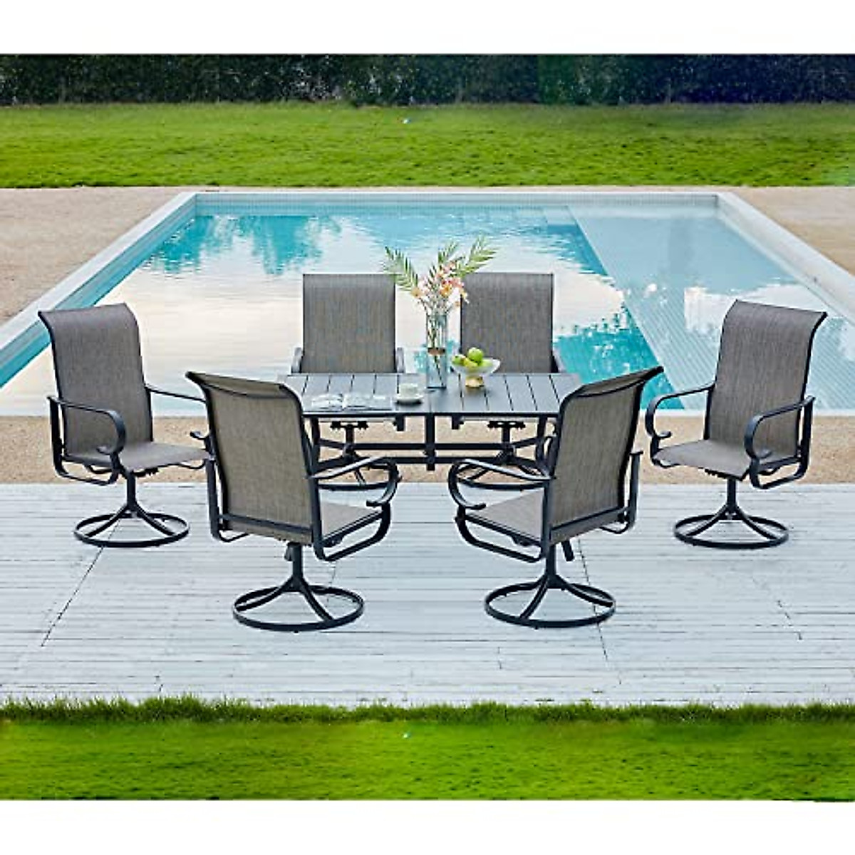VICLLAX Outdoor Patio Dining Table for 6, 59"x 38" Metal Slatted Tabletop with Umbrella Hole for Patio Lawn Deck