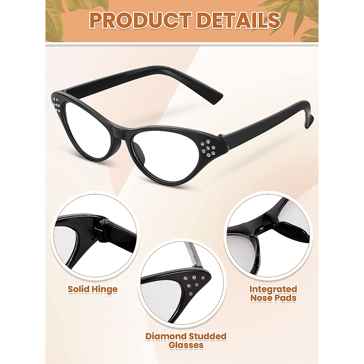 Dunzy 15 Pairs 50s Cat Glasses Bulk Sock Hop Glasses Cat Rhinestone Glasses 1950s Women Accessories Sock Hop Party Decoration