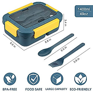 Iteryn Bento Box, Bento Box for Adults, 49 OZ 3 Compartments Bento Lunch Box with Spoon & Fork, Leakproof Bento Box, Microwave Safe