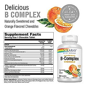 SOLARAY Vitamin B-Complex 250mg Natural Orange Flavor | Healthy Hair, Skin, Immune Function & Metabolism Support | Lab Verified | 50 Chewables