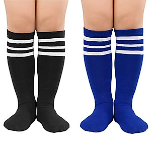 Zando Kids Child Sport Soccer Socks 4-6 Toddler Knee High Tube Socks Three Stripes Soccer Socks 4 Year Old Cotton Cute Stockings Athletic School Socks for Girls L Blue White & Black White 3-6 Years