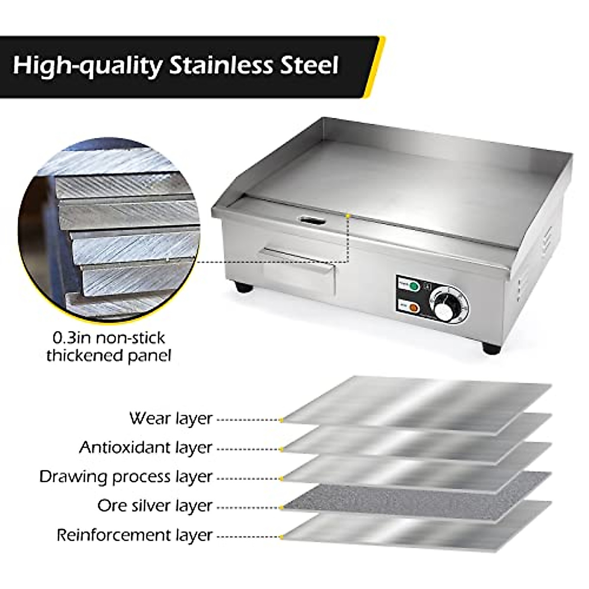Dyna-Living Commercial Electric Griddle 22'' Flat Top Grill Countertop Griddle 3000W 110V Stainless Steel Teppanyaki Grill Large Electric Griddles for Restaurant Kitchen