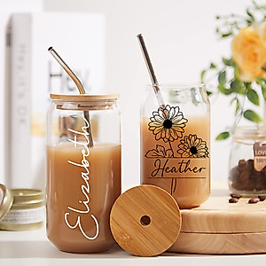 Mostop Personalized Iced Coffee Glass with Lids and Straws, Can Glass Cups, Custom Birth Flower Tumbler, Mother's Day Gift Birthday Gifts, Gifts for Her Girlfriend Bachelorette Party