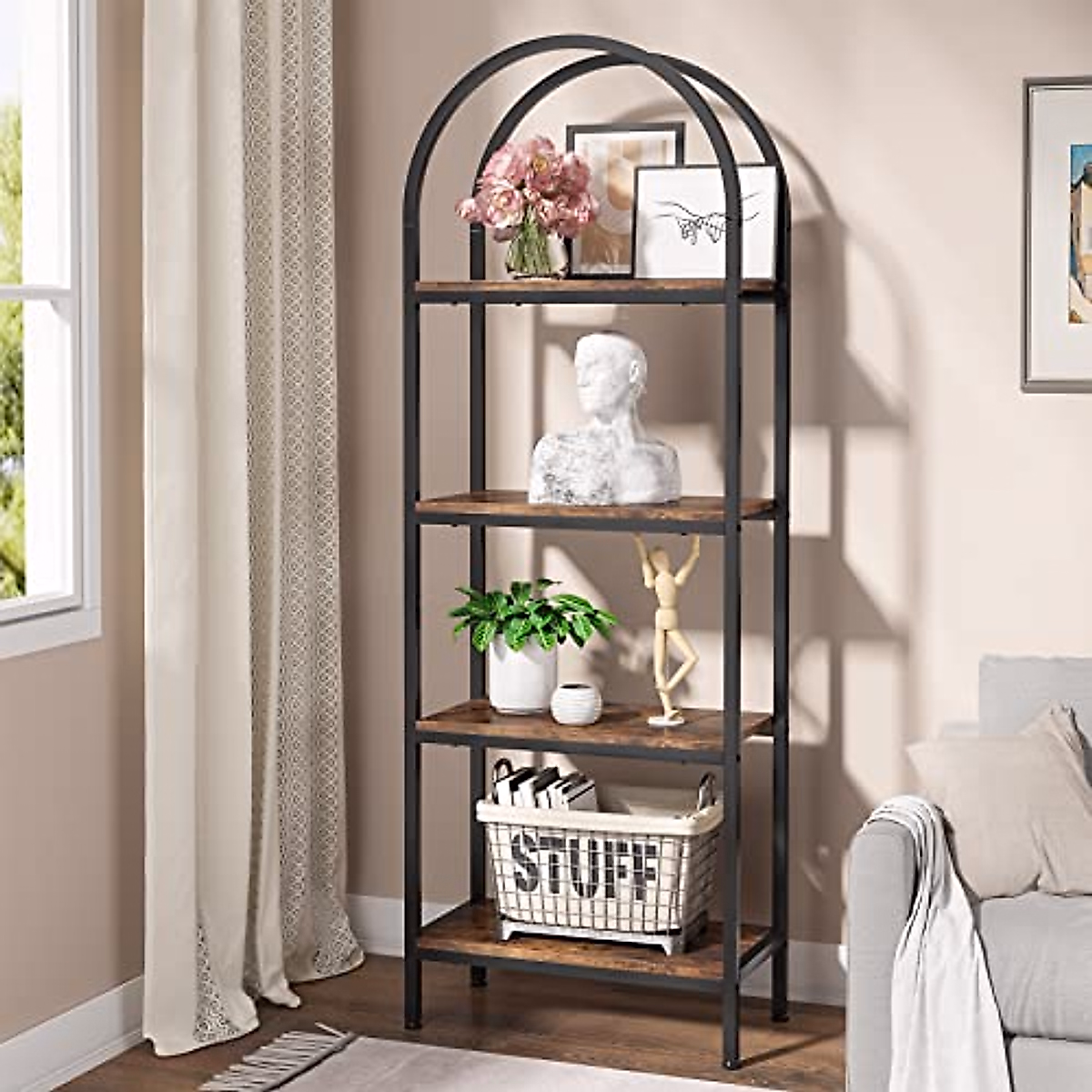 LITTLE TREE 4-Tier Arched Bookshelf, Tall Open Bookcase Storage Shelves, Wood Metal Freestanding Display Rack Tall Shelving Unit for Home Office, Bedroom, Living Room, Rustic Brown