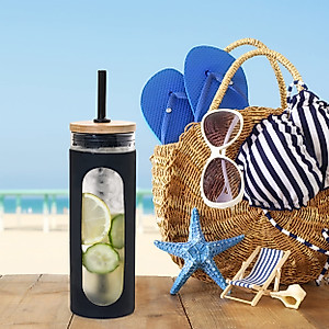 EVY Glass Tumbler 20oz Black Silicone Protective Sleeve Bamboo Lid with Straw for Iced Coffee, Smoothies, and Water Bottle Reusable Cup BPA Free The Original