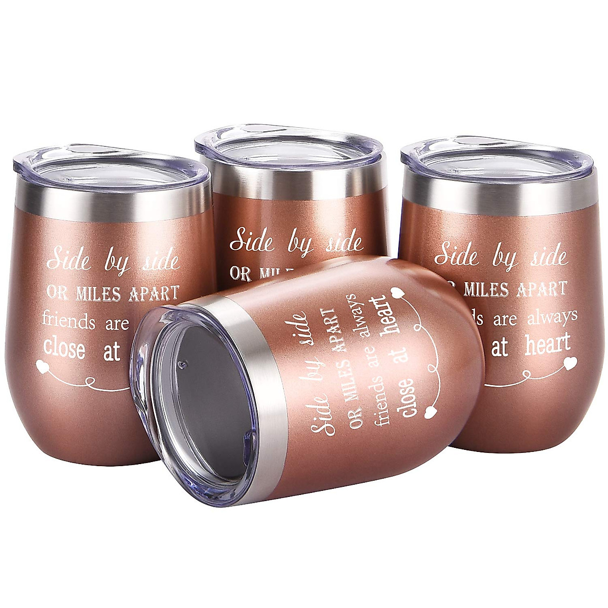 Friends Wine Tumbler Set of 4, Side By Side or Miles Apart Friends Are Always Close at Heart Wine Tumbler for Long Distance Friendship, 12 Oz Stainless Steel Insulated Wine Tumbler with Lid and Straw