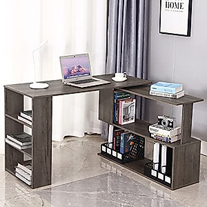 VANSPACE 360° Rotating Computer Desk with Storage Shelves 67 inch Multi-Functional L-Shaped Corner Desk for Home Office Bedroom Study Writing Table Modern Simple Style for Small Space
