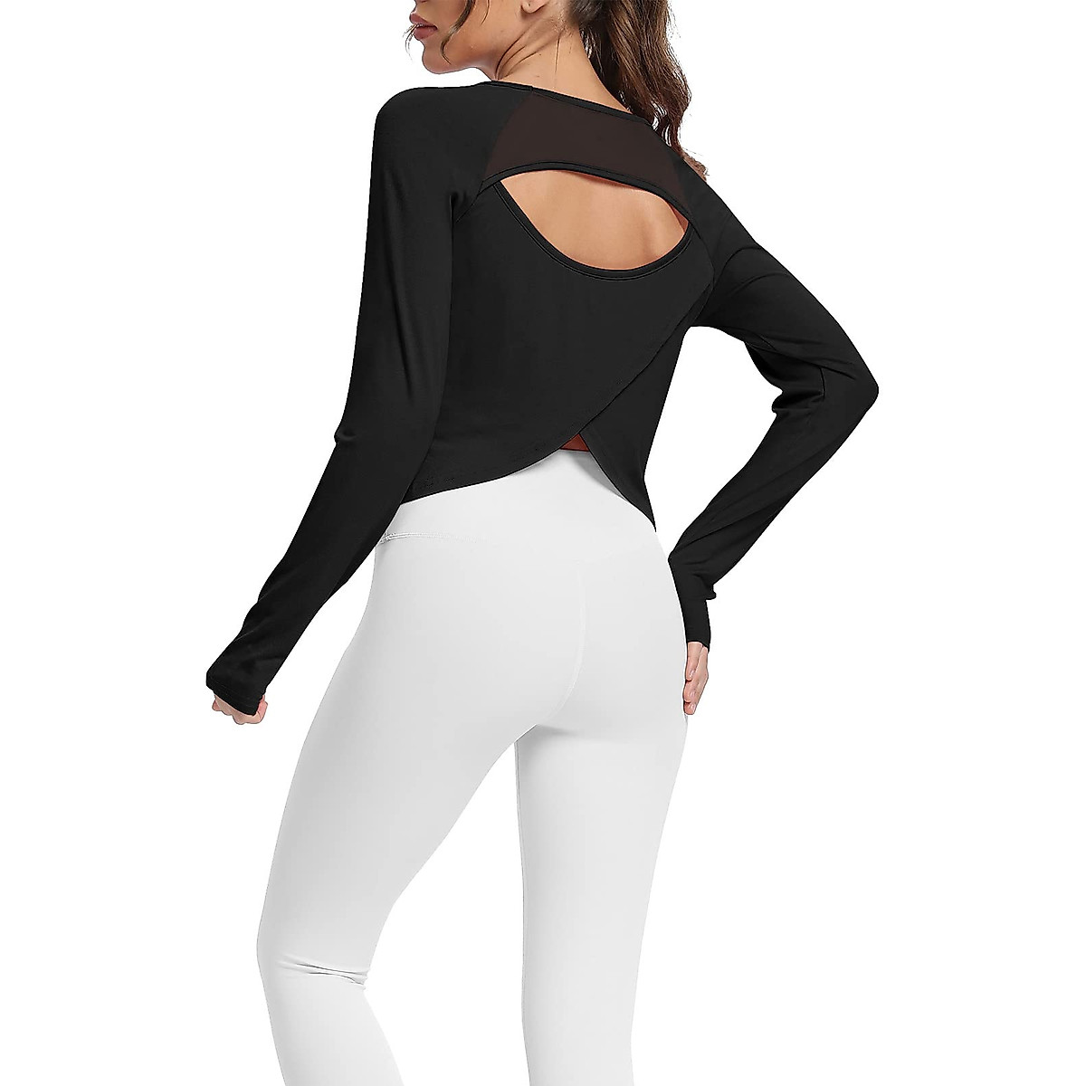 Mippo Womens Long Sleeve Workout Tops Yoga Shirts Athletic Gym Wear Cute Work Out Clothes Backless Shirts Cropped Workout Top Womens Activewear Tops for Women Black XL