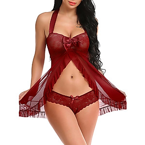Ababoon Women Lingerie Nightwear Sexy Babydoll Lace Chemise (Wine Red, L)