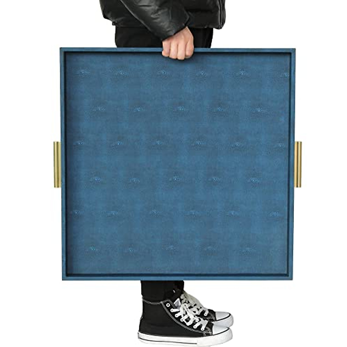 HofferRuffer Extra Large Square Serving Tray, Elegant Faux Leather Ottoman Tray with Gold Hardware Handles, Serve Tea, Coffee or Breakfast in Bed, 24 x 24 inches (Navy Blue Shagreen)