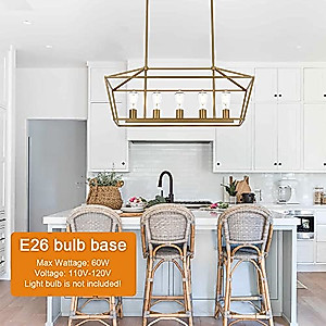 VINLUZ 5 Light Modern Kitchen Island Light in Gold Finish,Industrial Hanging Pendant Lighting Fixture with Metal Frame Linear Lantern Chandelier for Dining Room Foyer Cafe Bar