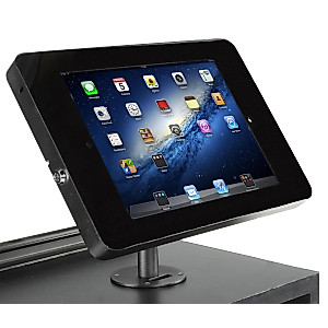 Displays2go Exhibit Tradeshow Counter with iPad Stand – Laminated MDF, Aluminum, Steel, Black Finish with Brown Wood Grain (CTR5IPDGBK)