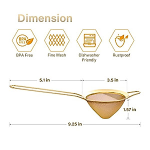 Eligara Fine Mesh Strainer with Handle - Copper Conical Strainers for Cocktail, Tea, Coffee & Drinks - Bar Stainless Steel High-Density Strainer Tool (Gold)