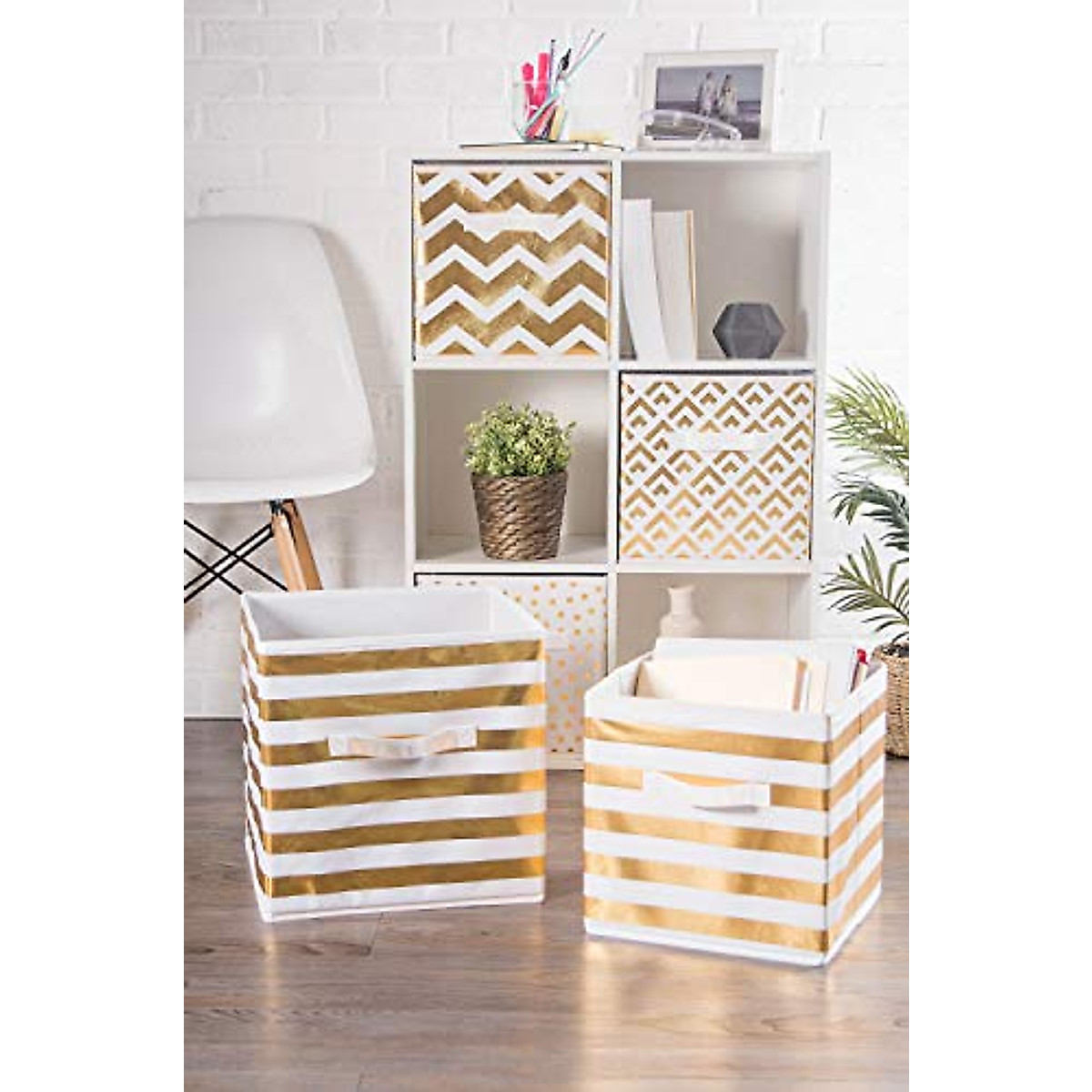 DII Non Woven Polyester Metallic Diamond Storage Bin, Small Set of 2, White/Gold