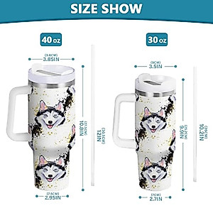 RPLIFE Watercolor Kawaii Husky Dog Tumbler with Handle, Stainless Steel Coffee Mug, Tumbler with Straw