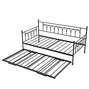 kuurfuurdo Twin Daybed with Trundle, Metal Daybed with Pop Up Trundle, Day Bed with Trundle Bed Twin, Steel Slat Support Sofa Bed for Kids Teens Adults Living Room, No Box Spring Needed