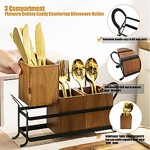 NelyBet Utensil Caddy Silverware Cutlery Holder with 3 Compartment , Wooden Utensil Crock Flatware Organizers with Metal Tray , Rustic Kitchen Utensil Organizers Storage Box usded for Farmhouse Kitchen Decor and Countertop