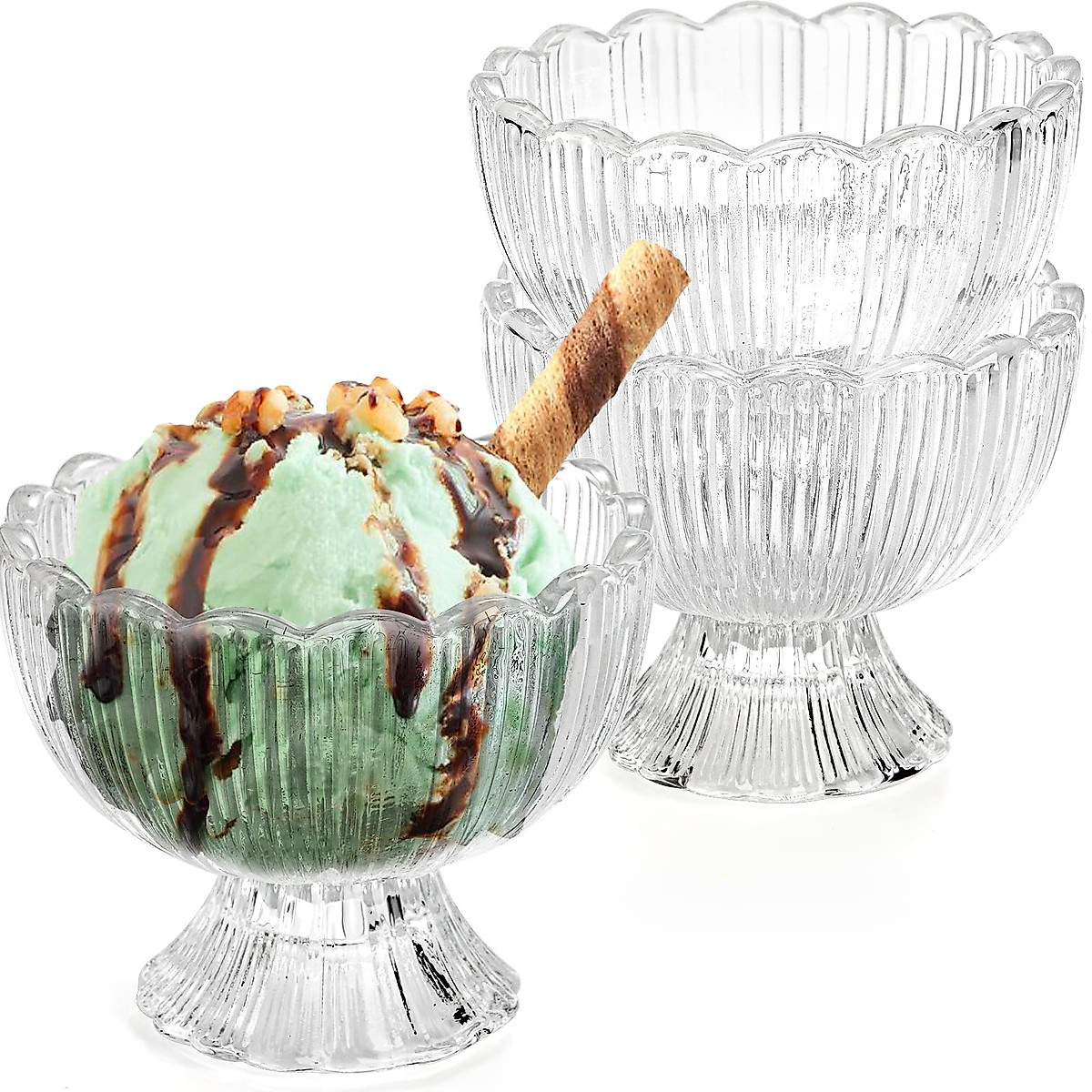 ZEAYEA Set of 6 Glass Dessert Bowls, 5.6 oz Clear Glass Ice Cream Sundae Cups, Small Footed Trifle Cups for Salad, Fruit, Parfait, Cocktail, Snack, Nuts