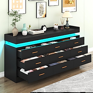 Hlivelood 9 Drawer Dresser with LED Light and Charging Station, Modern Chest of Drawers for Closet, Wide Drawer Organizer Cabinet for Bedroom, Living Room, Entryway, Hallway(9 Drawer Black)