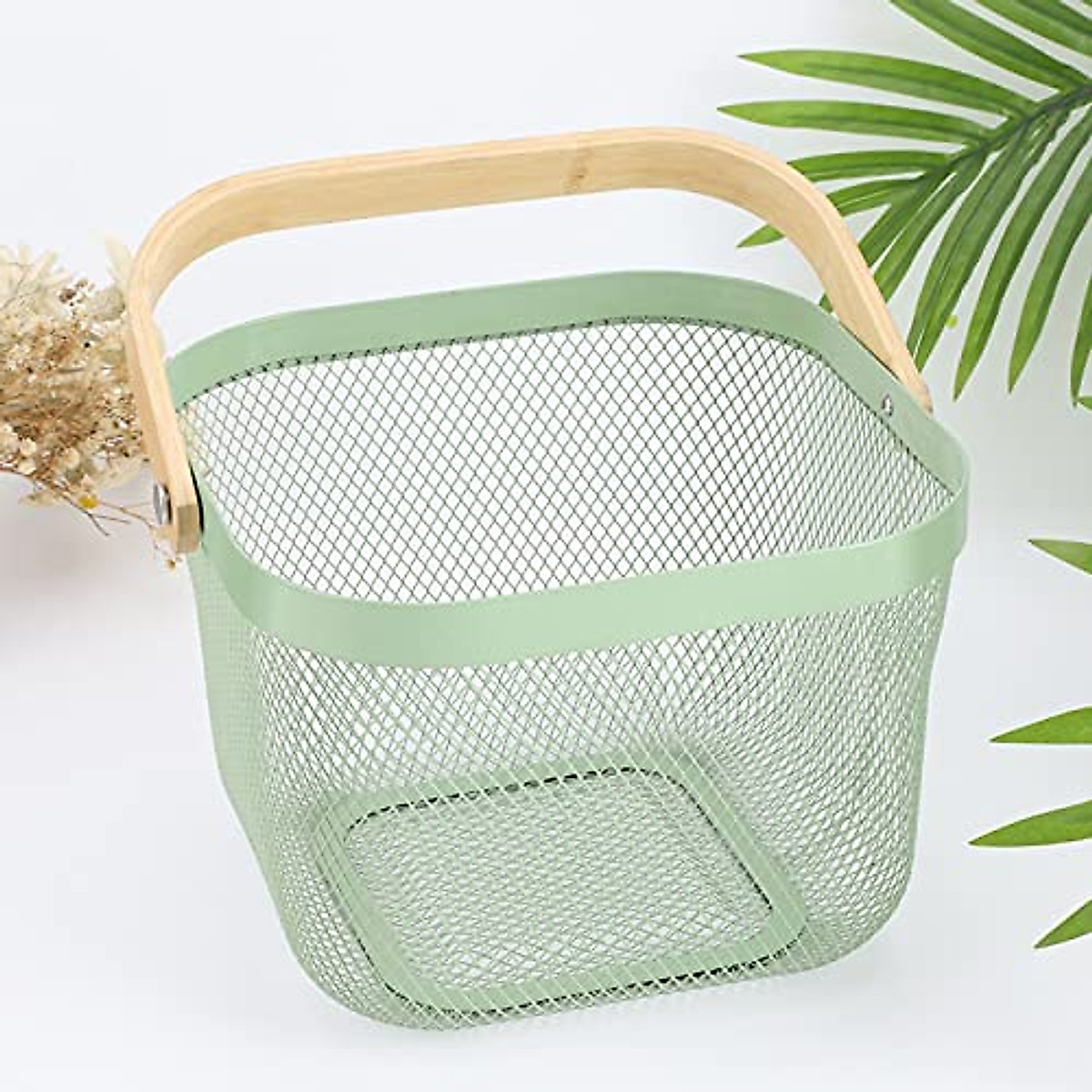 HOJKMA Mesh Steel Storage Organizer Basket, Multi-Functional Metal Wire Hanging Kitchen Baskets Fruit Basket with Bamboo Handle Ideal for Kitchen, Bathroom, Pantry, Cabinet Home, Shopping, Green
