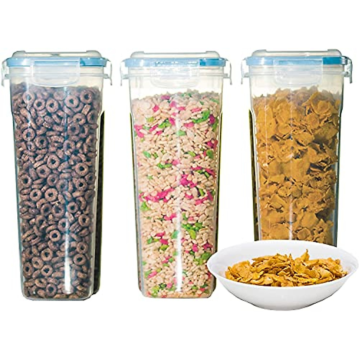 MEKBOK Cereal Storage Container Set, BPA Free Plastic Airtight Food Storage Containers 135.2 oz for Cereal, Snacks and Sugar, 3 Piece Set Cereal Dispensers with 16 Chalkboard Labels, blue