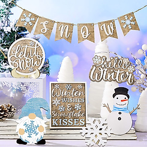Qunclay Christmas Winter Tiered Tray Decor Wooden Signs Snowman Snowflake Wood Blocks Winter Farm Directional Sign Rustic Tabletop Signs Farmhouse Tiered Tray Decorations(Snowman Style, 12 Pcs)