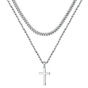 Yooblue Cross Necklace for Men, Mens Necklace Silver Layered Rope Chain Cross Pendant Simple Necklace Jewelry Dainty Cross Chain Necklace for Men Women 18 20 Inch Mens Gifts Chains for Men