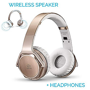 Mobi7e Bluetooth Headphones Over-Ear 2 in 1 Cordless Foldable Twist-Out Speaker Wireless Stereo Bass Headphone with NFC FM Radio/AUX/TF Card Slot Sports Retractable Headband Headset (Gold)