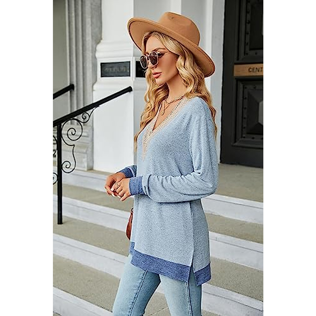 Keificle Women's V-Neck Pullover Color Blocking Long Sleeves Side Split Fall Tunic Tops (Large, 01_Light Blue)