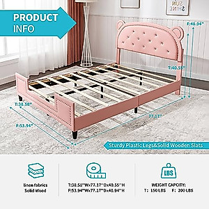CECER Twin Bed Frames for Kids, Pink Children Platform Bed, Kid Bed Frame with Bear Shaped Headboard, Faux Leather Upholstered, Rivet Decoration, Wood Slats, No Spring Box Needed