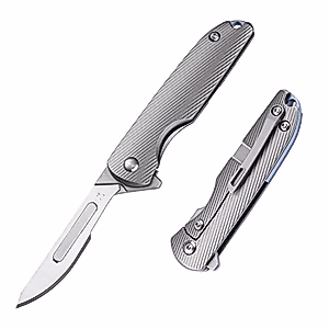 OLITANS T077 Folding Scalpel Mini Pocket knife with 10pcs #24 Replaceable Blade, CNC Machined Tc4 Handles Frame Lock Pocket Clip, 1.02oz