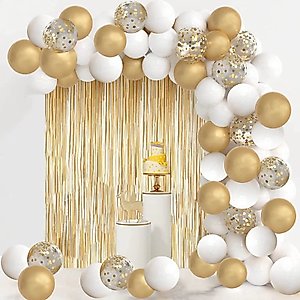 White and Gold Balloon Garland Arch Kit ， White and Gold Party Decorations with 1pcs Gold Tinsel Curtains for Graduation Party New Years Birthday Anniversary