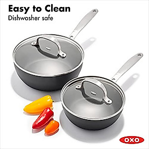 OXO Good Grips Pro 1QT and 2QT Saucepan Pot Set with Lids, 3-Layered German Engineered Nonstick Coating, Stainless Steel Handles, Black