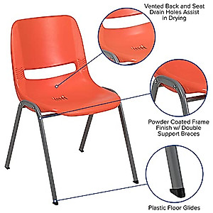 Flash Furniture HERCULES Series 5 Pack 880 lb. Capacity Orange Ergonomic Shell Stack Chair with Gray Frame
