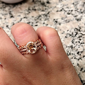 Blue Apple Co. Three Piece Halo Art Deco Wedding Band Engagement Ring Oval Simulated Morganite Round Cubic Zirconia 925 Sterling SilverSize-7