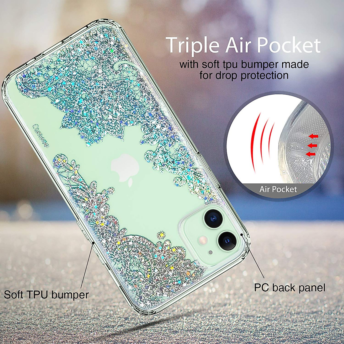 Coolwee Clear Glitter Compatible with iPhone 12 Case Thin Flower Slim Cute Crystal Lace Bling Women Girl Floral Hard Back Soft TPU Bumper Protective Cover for iPhone 12 Pro Mandala Henna Sparkle