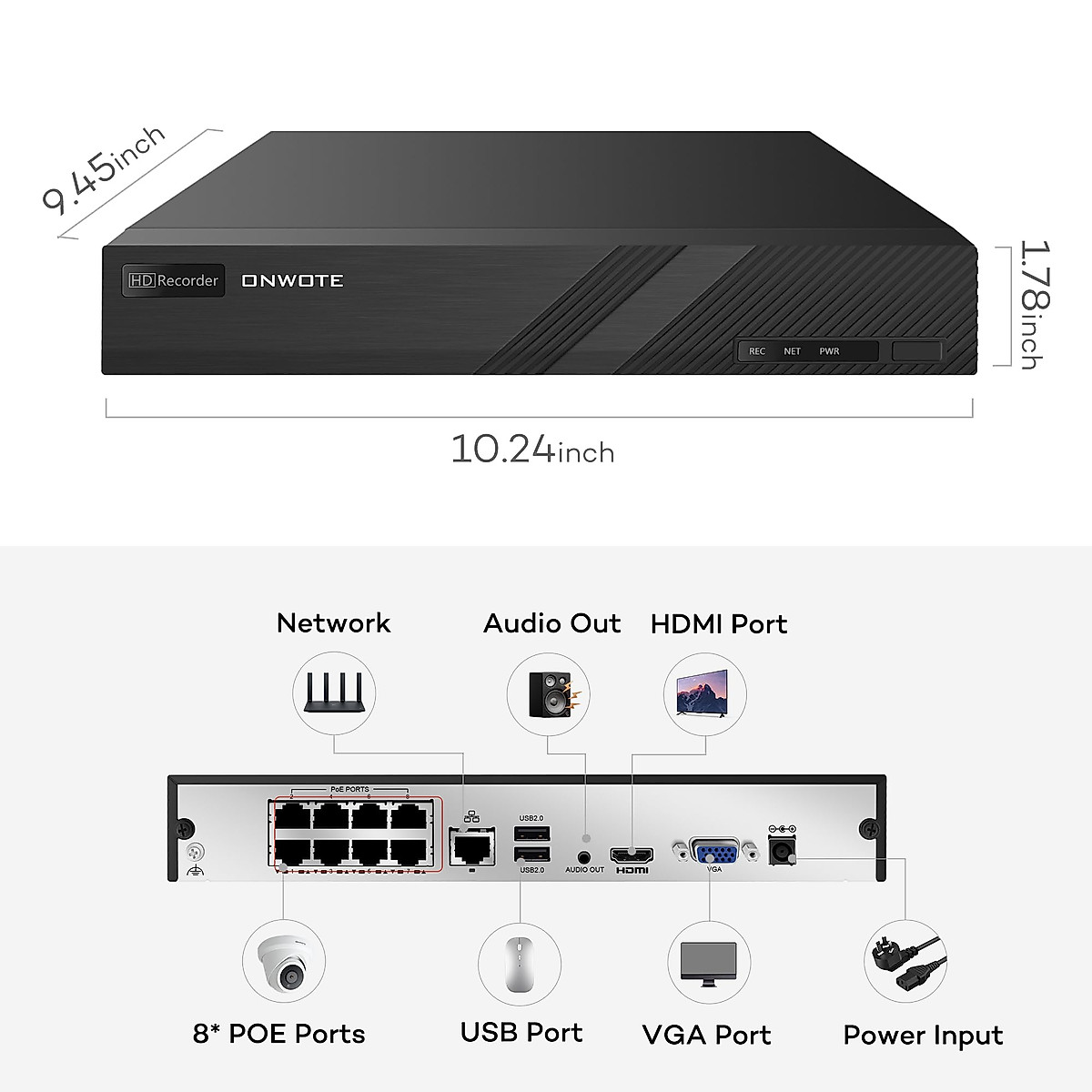 ONWOTE 8 Channel 4K 8MP HD PoE IP Security NVR Video Audio Recorder (Built-in 8 PoE Ports), Support 4K, 5MP, 4MP, Multi-Mode Recording, 8CH NVR with NO Hard Drive, Work with ONWOTE PoE Cameras