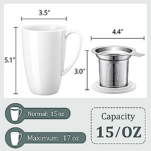Yedio Porcelain Tea Mug with Infuser and Lid- 15 Ounce Tea Cup with Filter for Tea, Milk, Coffee, Loose Leaf Tea Infusers, White