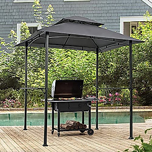Outdoor Grill Gazebo - Patio Canopy Tent - Shelter Tent with Double Tier Soft Top - Steel Frame Barbecue Canopy with Hook and Bar Counters - 10 Pegs and 1 Bottle Opener - 8 x 5 Ft - Grey