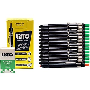 Listo 1620 and 162 Marking Pencils Kit, Color: Green, 12 Pencils, 72 Refill Leads - Grease Pencils/China Marking Pencils/Wax Pencils. 1 x Orange Pencil Included. (12-Pencils, 72-Refills, Green)