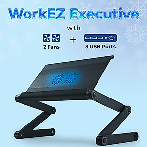 WorkEZ Executive Adjustable Laptop Stand with 2 Fans 3 USB Ports Ergonomic Aluminum Lap Desk for Bed Couch tray holder folding height tilt angle cooling cooler portable desktop riser black