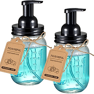 SheeChung Mason Jar Foaming Soap Dispenser - Rustproof Stainless Steel Lid&Foaming Soap Pump,Best Hand Foam Soap Dispenser Glass for Bathroom Vanities or Kitchen Sink,Countertops - Black (2 pk)