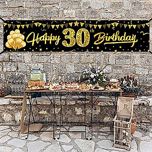 Happy 30th Birthday Banner Decorations for Him, Thirty Birthday Sign Party Supplies for Men Women, Black Gold 30 Birthday Party Decor Outdoor Indoor